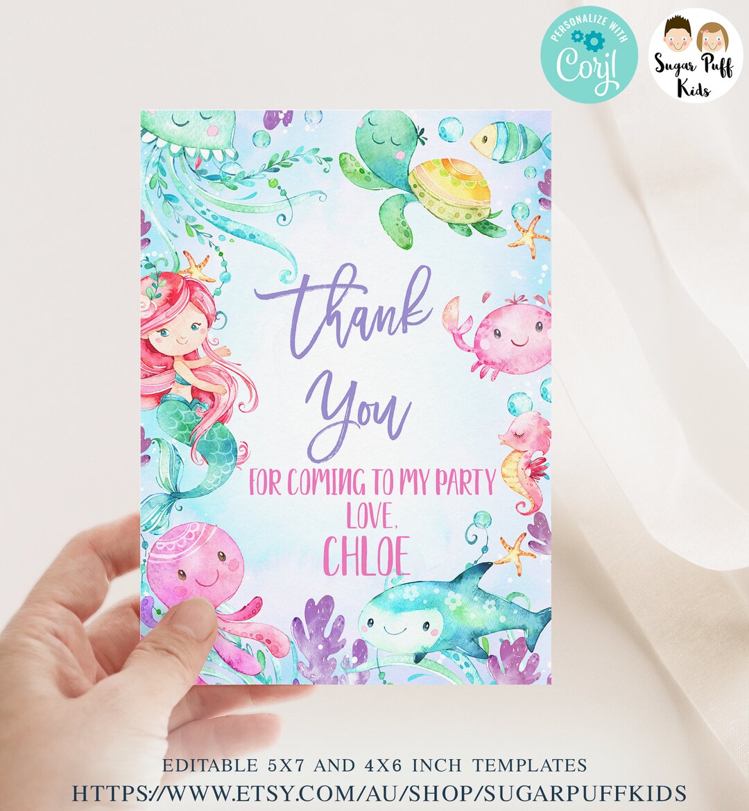 Editable Mermaid Thank You Card, Printable Under the Sea Birthday Thank ...