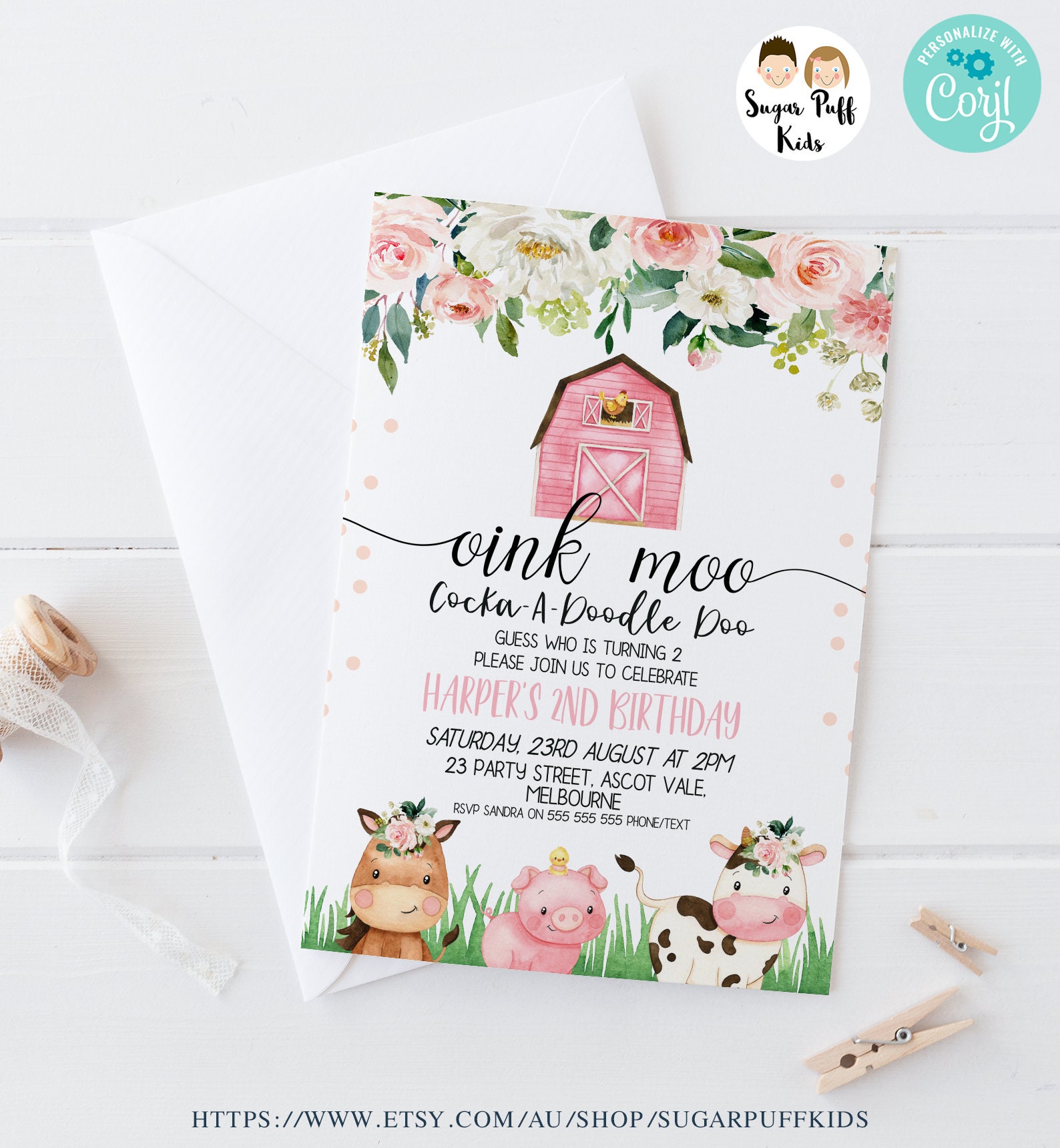 Printable Pink Farm Birthday Invitation, Editable Farmyard Invitation ...