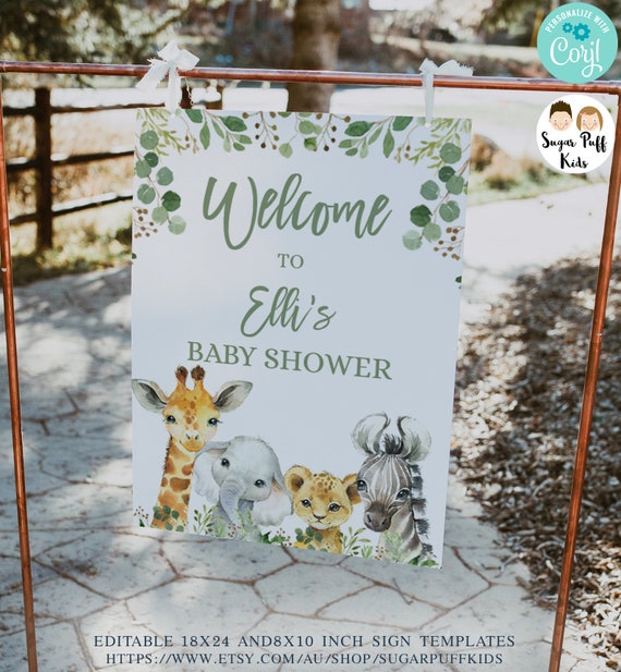 Printable Floral Safari Animals Welcome Party Sign, Instant Jungle Baby ...
