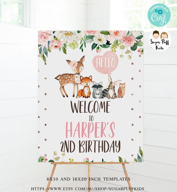 Printable pink foral woodland welcome sign, Editable woodland pink ...