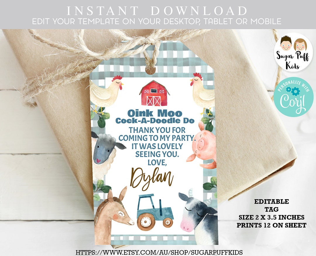 Farm Animals Favor Tags Instant, Printable Farm Tractor Favor Tag ...