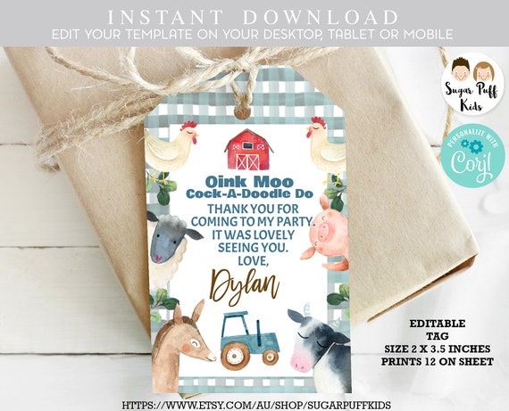 Farm Animals Favor Tags Instant, Printable Farm Tractor Favor Tag ...
