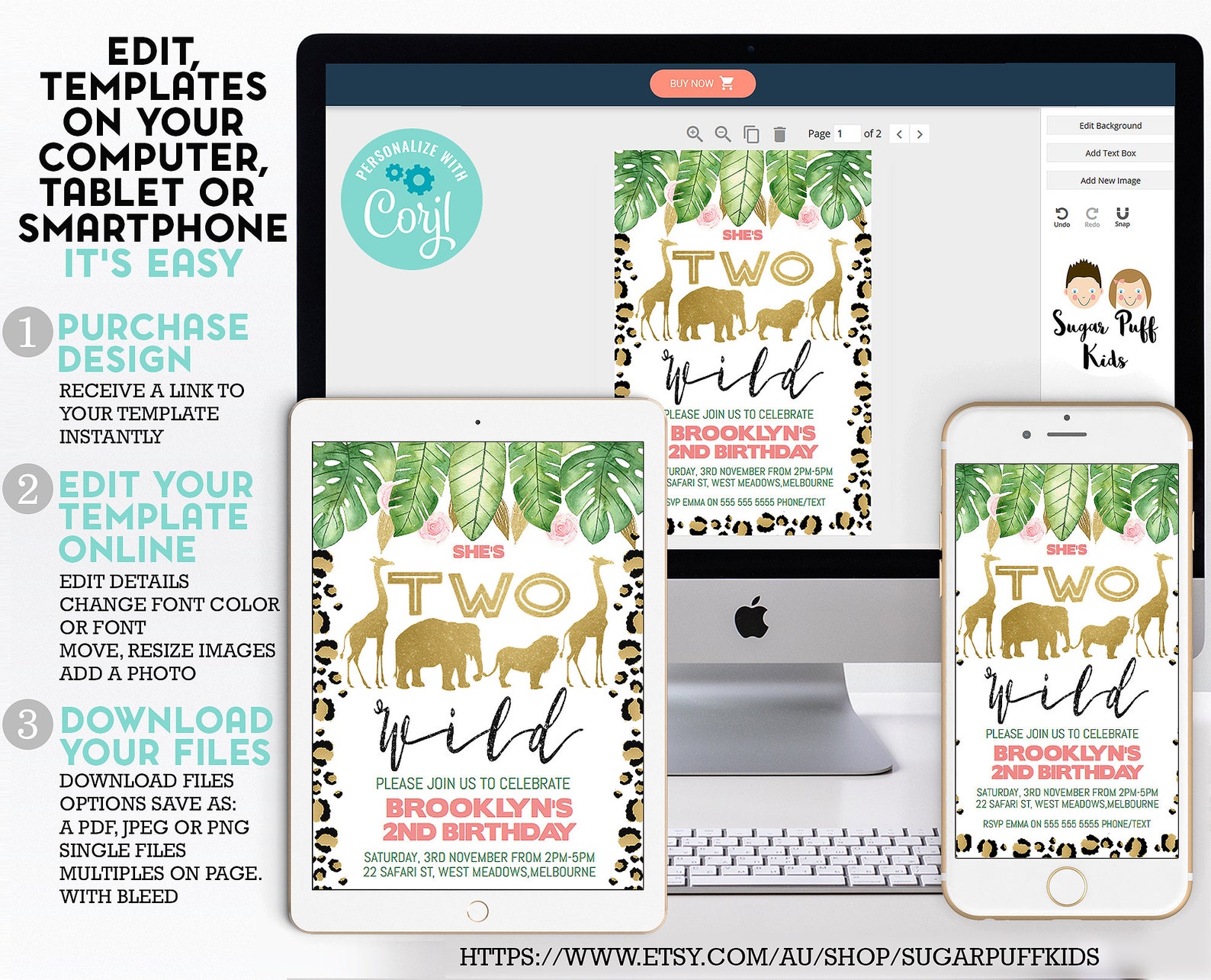 Two Wild Birthday Invitation Editable She's Two Wild - Etsy