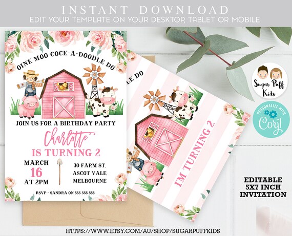 Pink Farmyard Birthday Invitation, Farm birthday invitation, Editable ...