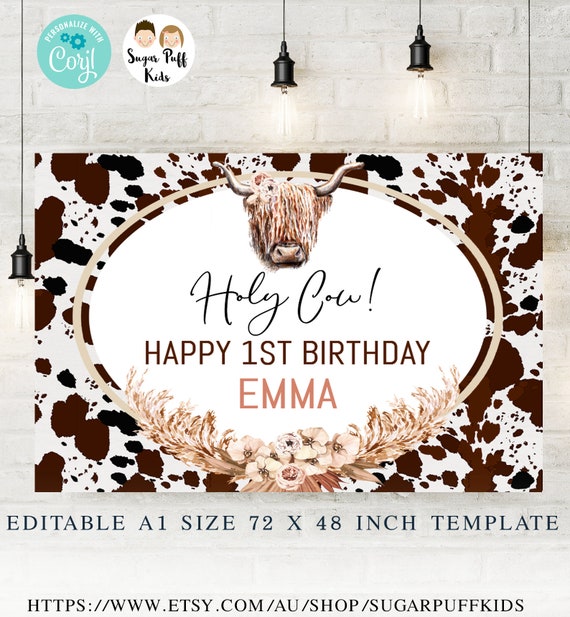 Editable Boho Floral Highland Cow Birthday Backdrop Printable - Etsy
