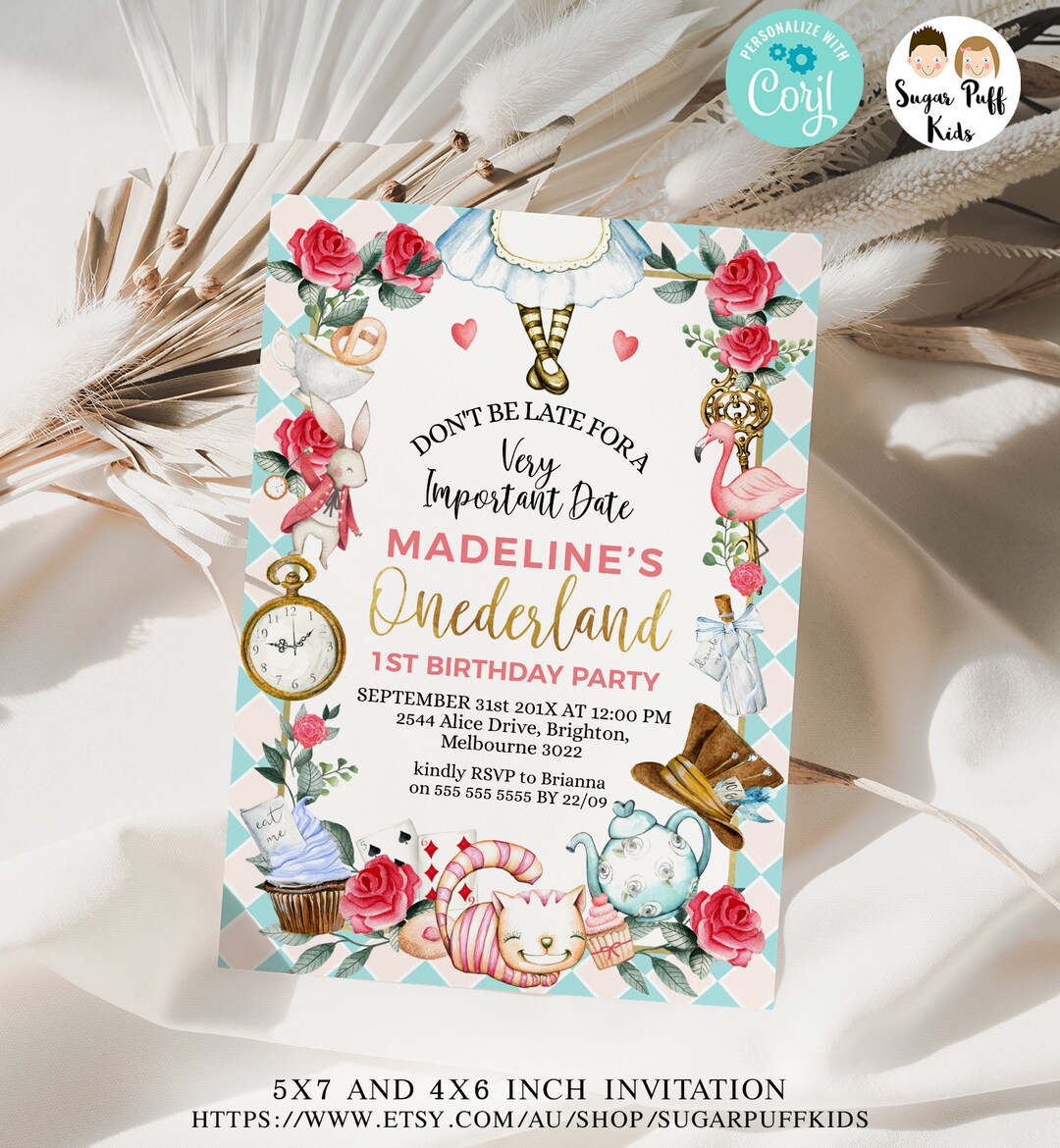 Editable Blue Alice in Onederland Invitation, Cheshire Cat, Printable ...