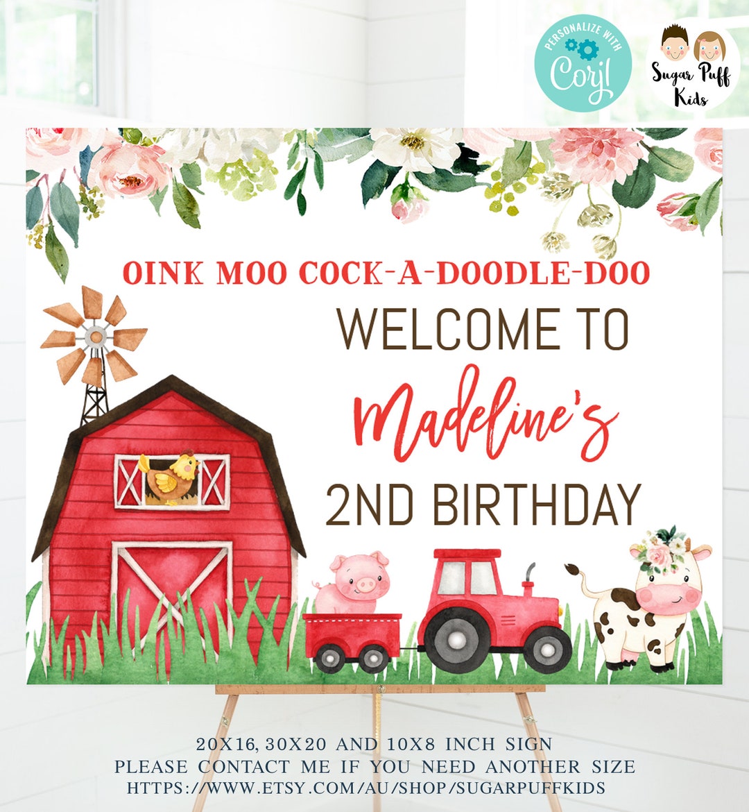 Printable Red Farm Welcome Sign, Instant Farmyard Birthday Welcome Sign ...