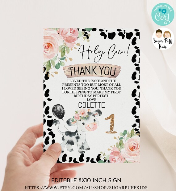 Editable cow print thank you card, Printable pink floral cow thank you ...