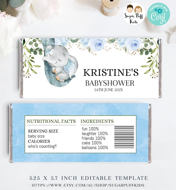 Printable Elephant Baby Shower Chocolate Bar Wrappers, Boys Blue Floral ...