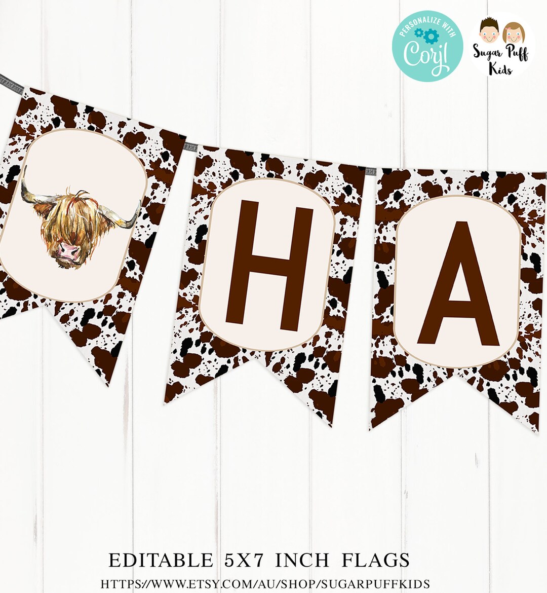 Printable Highland Cow Birthday Banner, Editable Brown Cow Happy ...