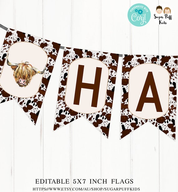 Printable Highland Cow Birthday Banner, Editable Brown Cow Happy ...