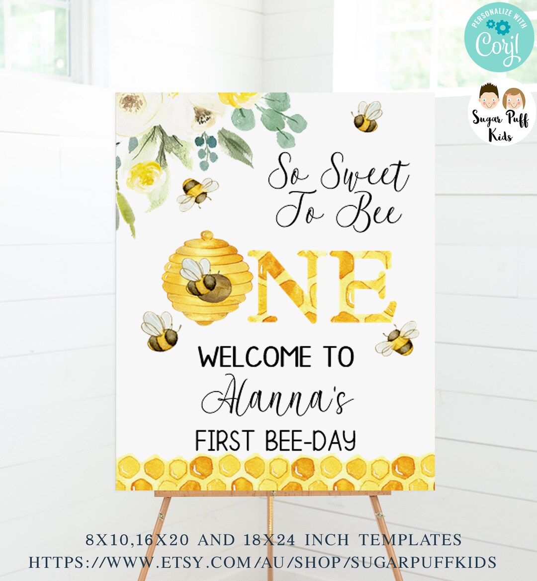 Editable Floral Bee Birthday Welcome Poster, Printable Bee Hive 1st ...