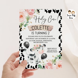 Printable Pink Floral Cow First Birthday Invite, Editable Girls Cow ...