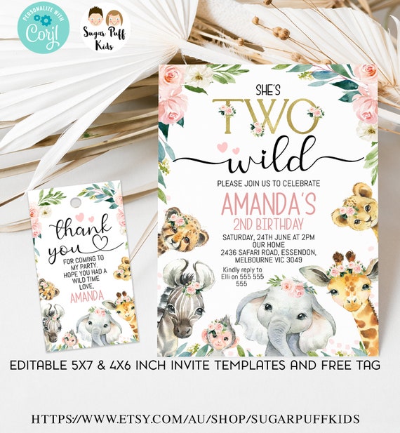 Editable Safari Two Wild Invitation and Safari Birthday Tag, Instant ...