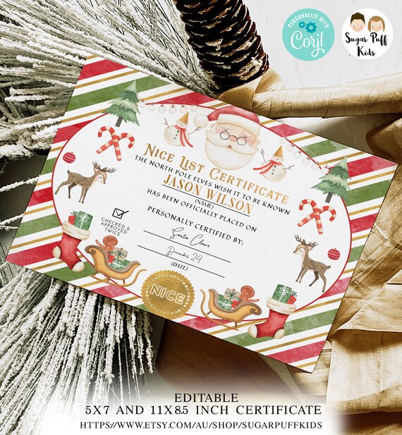Printable Editable Santa Nice List Certificate, Instant download ...
