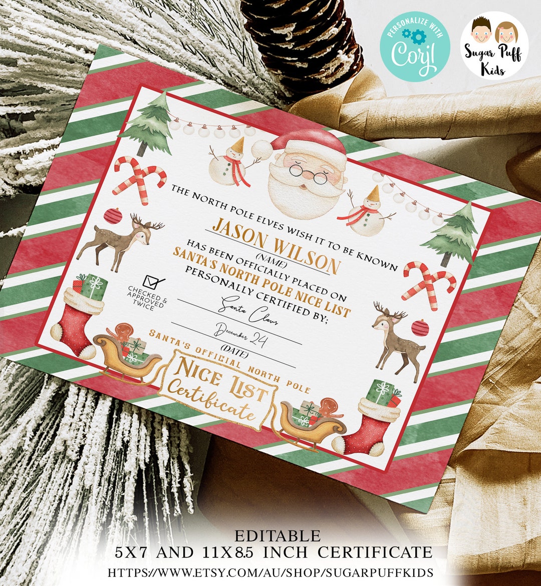 Editable Kids Santa Nice List Certificate, Instant Download Childrens ...