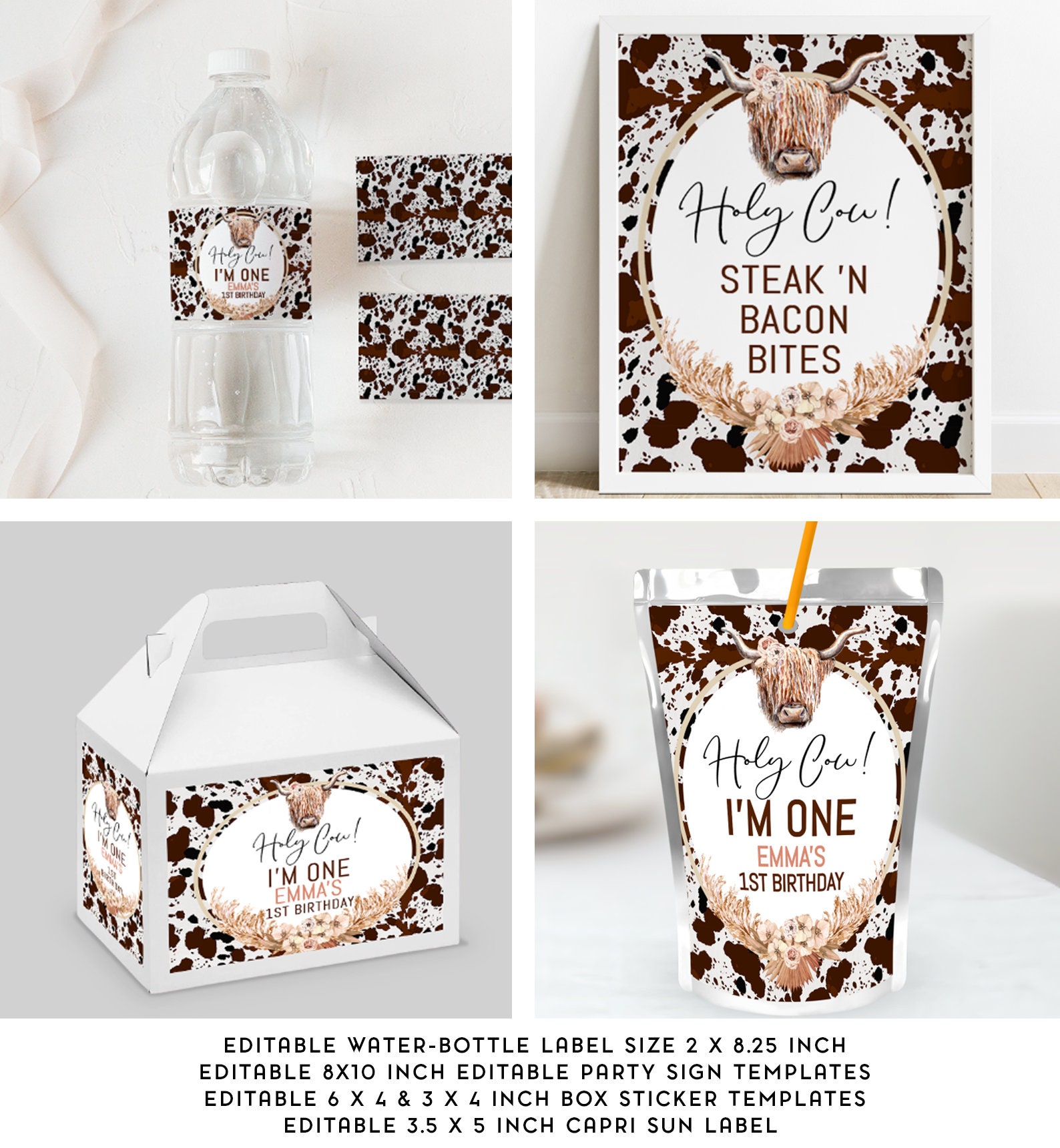 Editable Boho Pink Floral Cow Birthday Bundle Printable Girls - Etsy