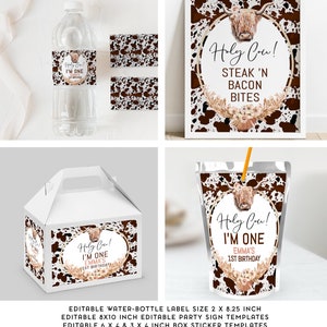 Editable Boho Pink Floral Cow Birthday Bundle, Printable Girls Cow ...