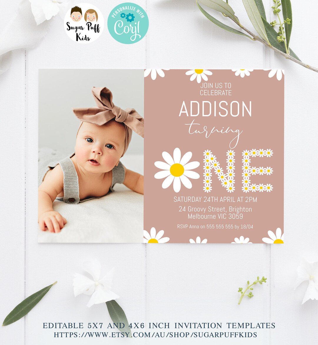 Printable Photo Retro Daisy 1st Birthday Invite, Editable Boho Daisy ...