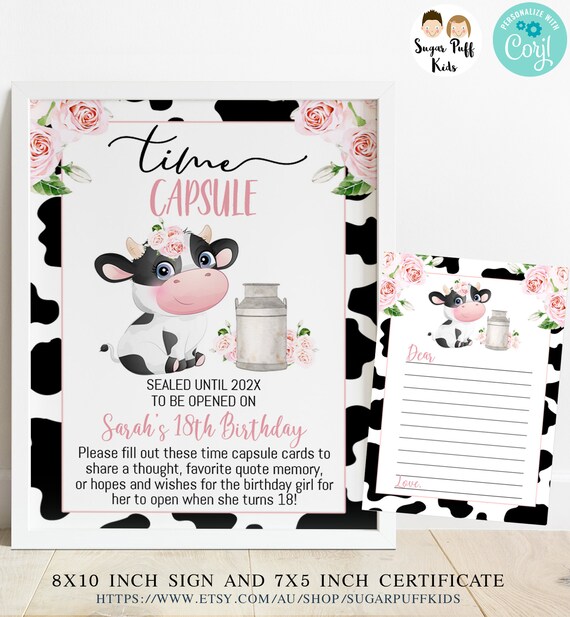 Editable black white cow time capsule sign, Printable Pink Floral Cow ...