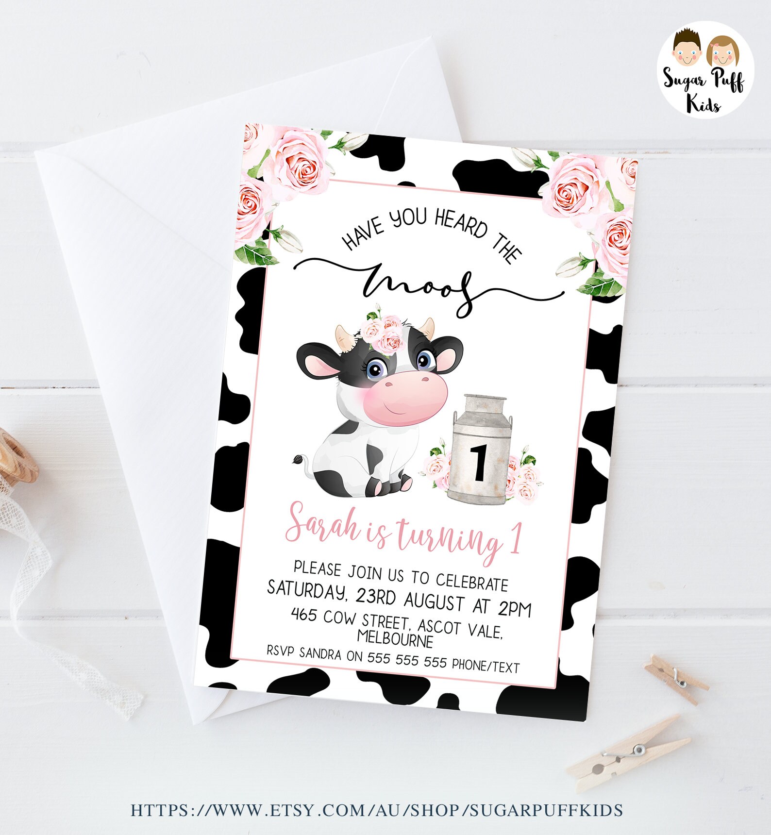 Printable Pink Floral Cow Print Birthday Invite Editable - Etsy