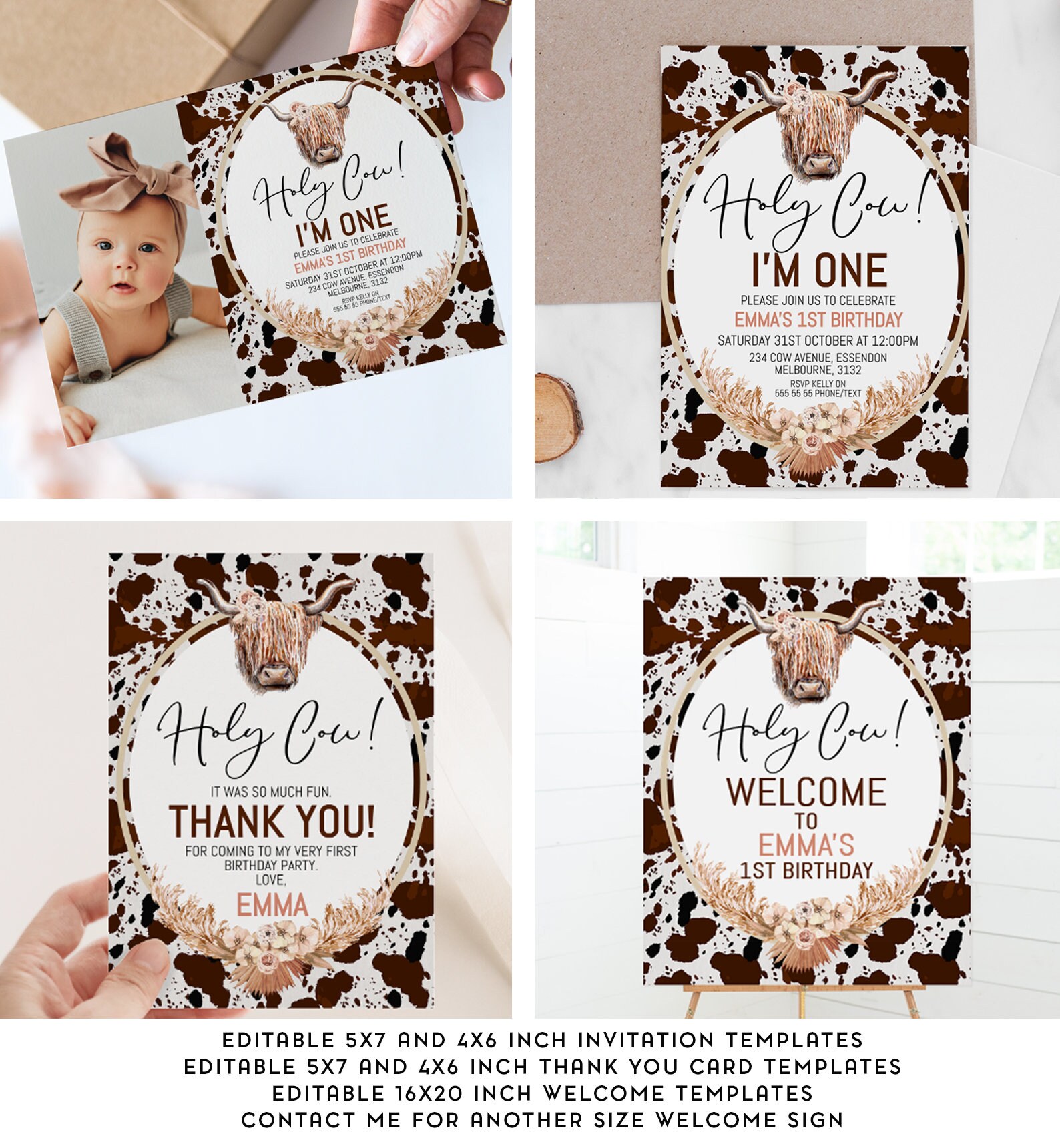 Editable Boho Pink Floral Cow Birthday Bundle Printable Girls - Etsy