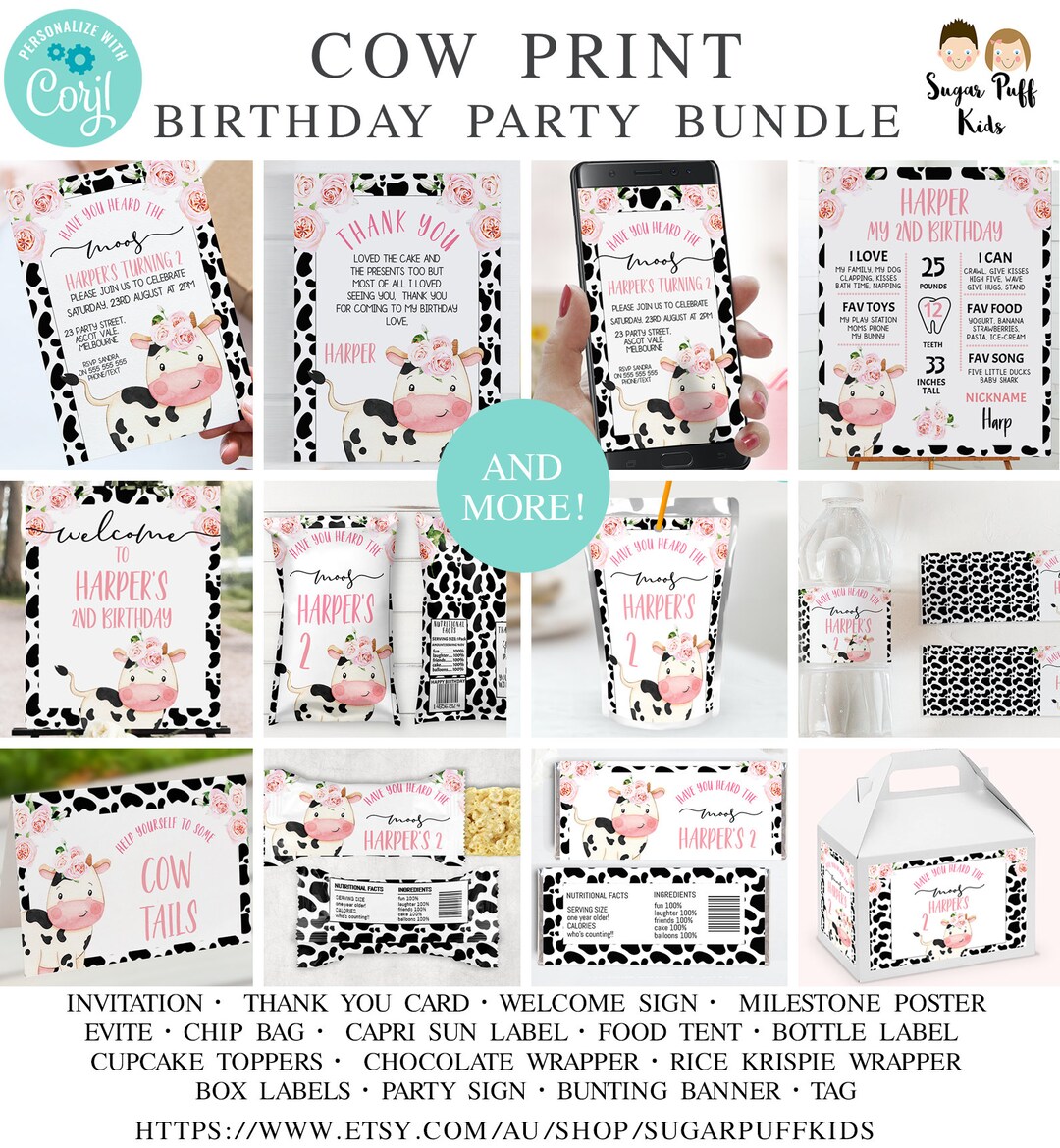 Editable Pink Floral Cow First Birthday Bundle Printable - Etsy Canada