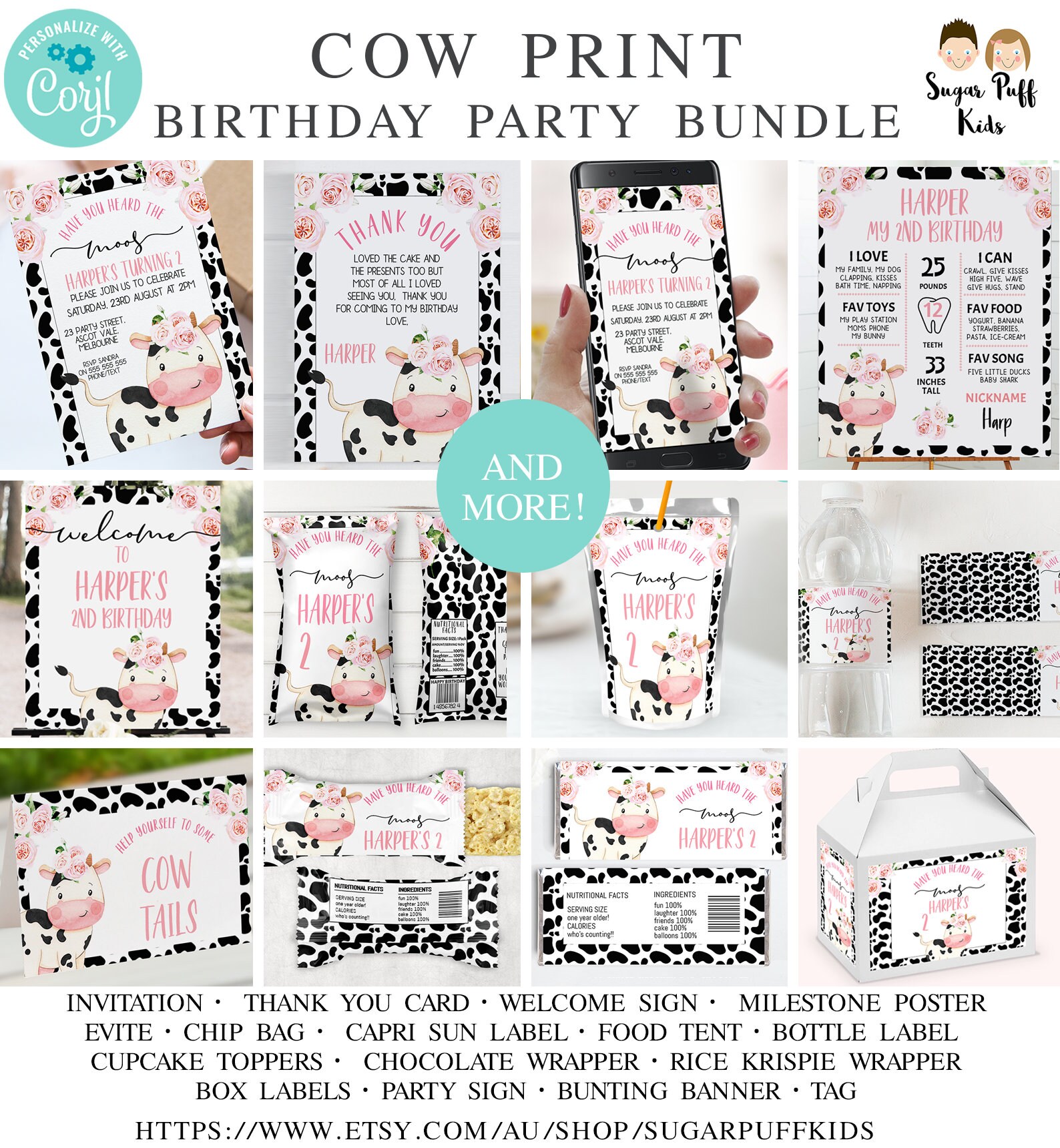 Editable Pink Floral Cow First Birthday Bundle Printable - Etsy