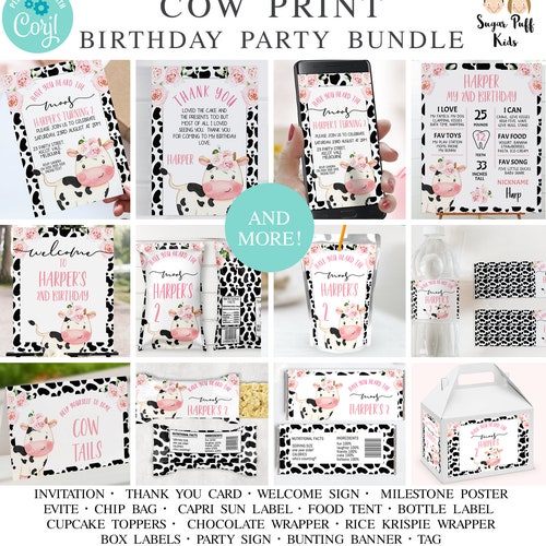 Editable Boho Pink Floral Cow Birthday Bundle Printable Girls - Etsy