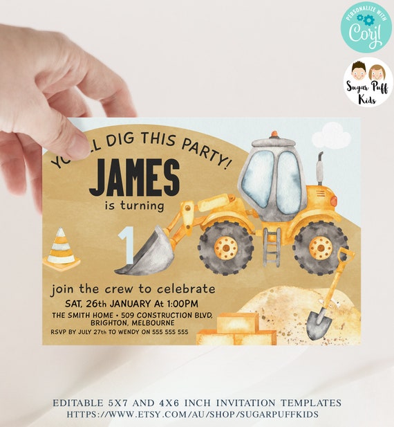 Editable under construction birthday Invitation, Printable Excavator ...