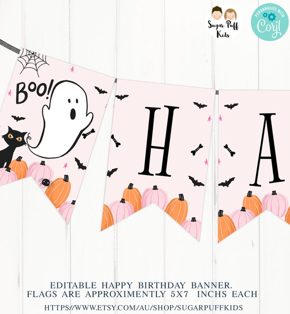 Printable Pink Halloween Happy Birthday Banner, Editable Boo Halloween ...