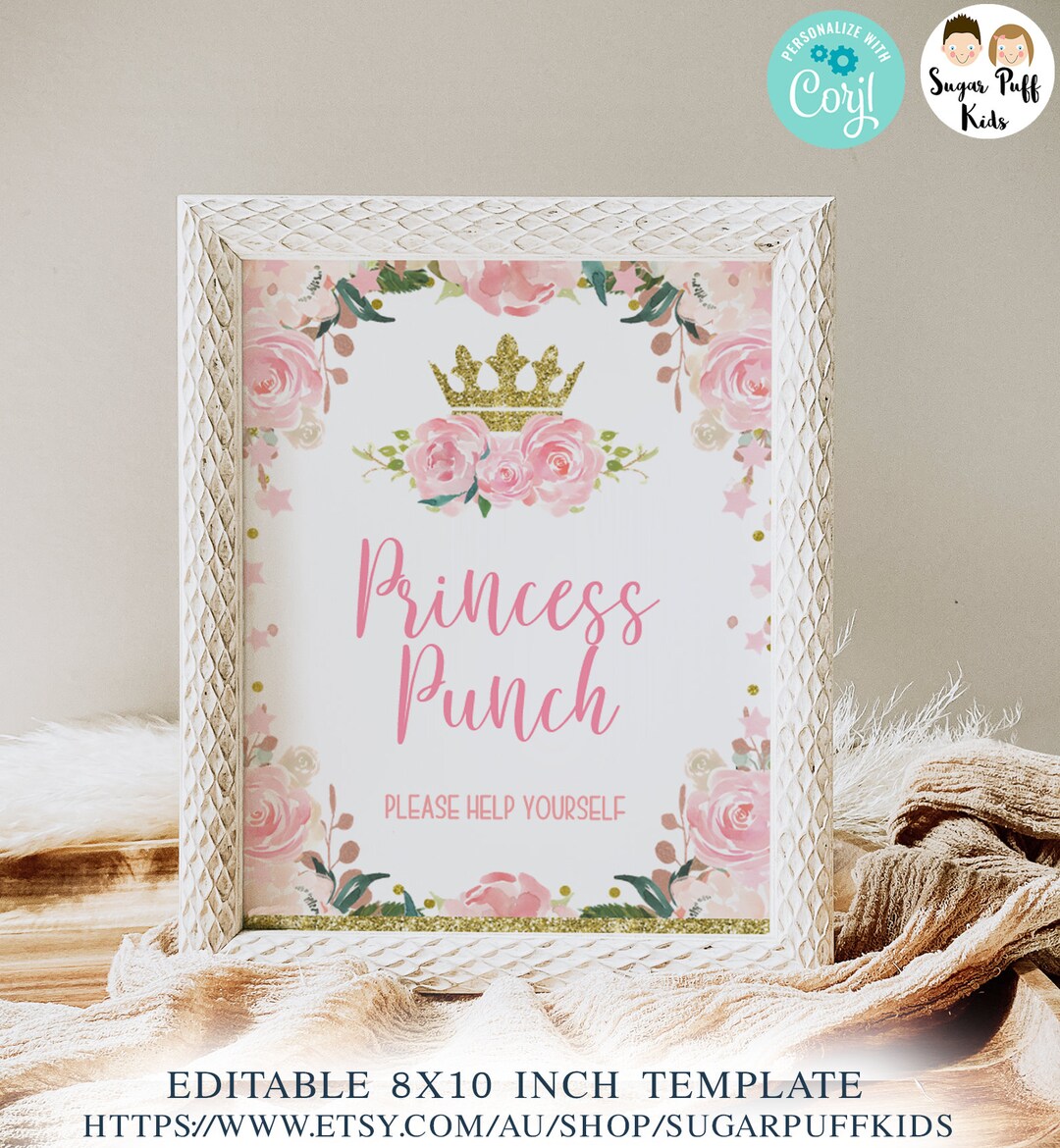 Editable Pink Floral Princess Party Sign,printable Faux Gold Glitter ...