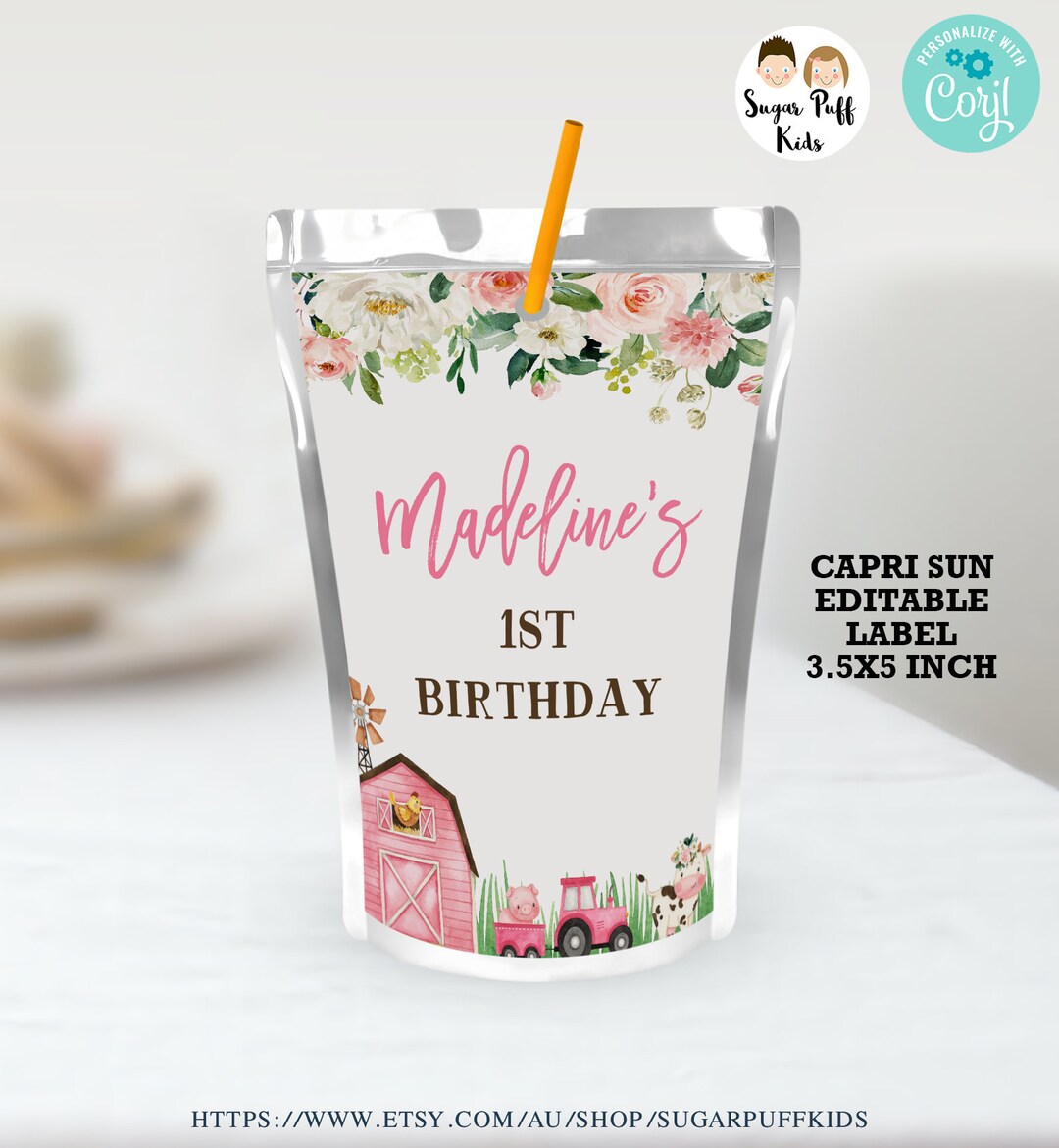 Editable Pink Farm Capri Sun Label, Printable Farmyard Birthday Party ...