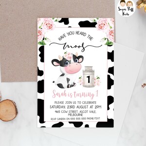 Printable Pink Floral Cow Print Birthday Invite, Editable Black White ...