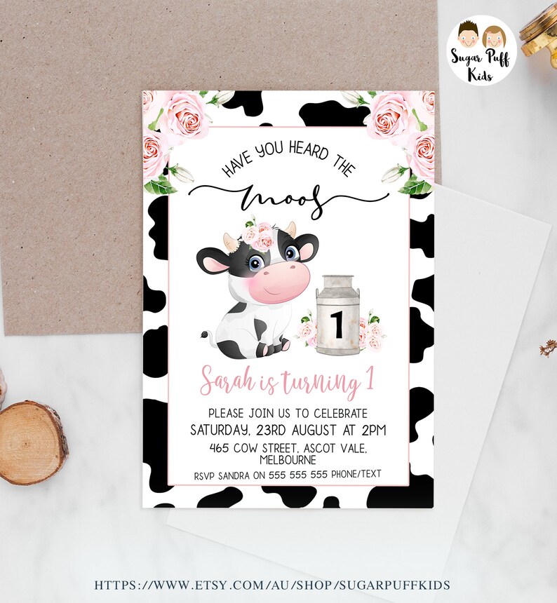 Printable Pink Floral Cow Print Birthday Invite Editable - Etsy