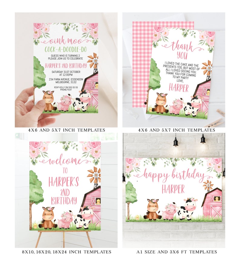 Editable Pink Barn Farm Birthday Party Printable Package - Etsy
