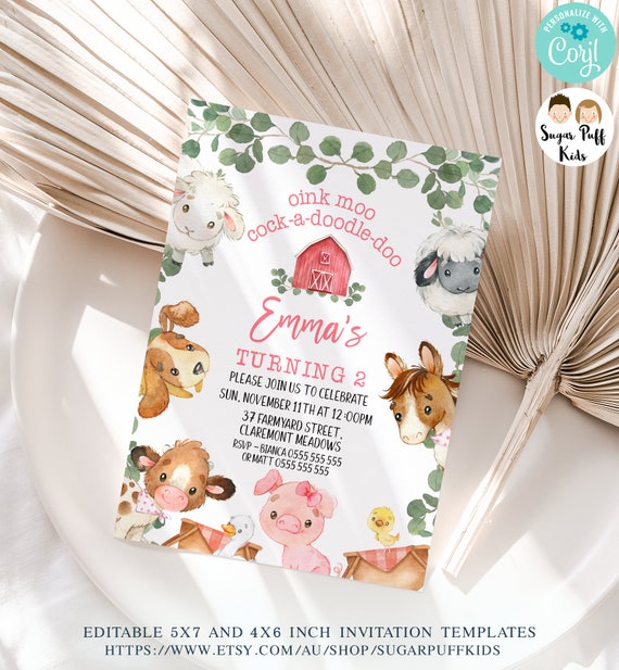 Printable Red Barn Farmyard Birthday Invite, Editable Farm invitation ...