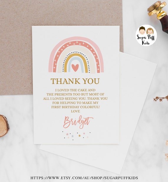 Editable rainbow thank you card, Printable pink rainbow thank you card ...