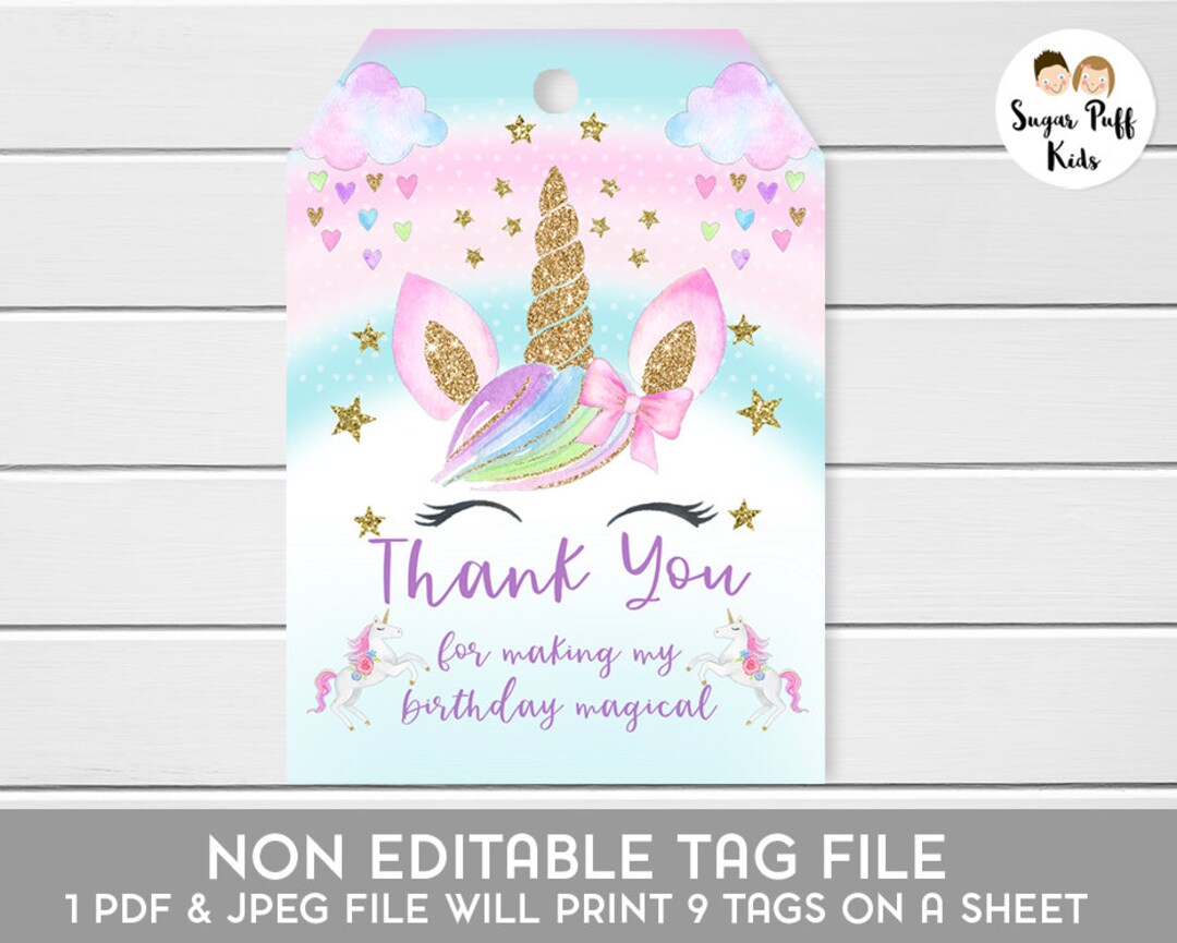 Rainbow Unicorn Birthday Favor Tags, Instant Download Unicorn Favor Tag ...