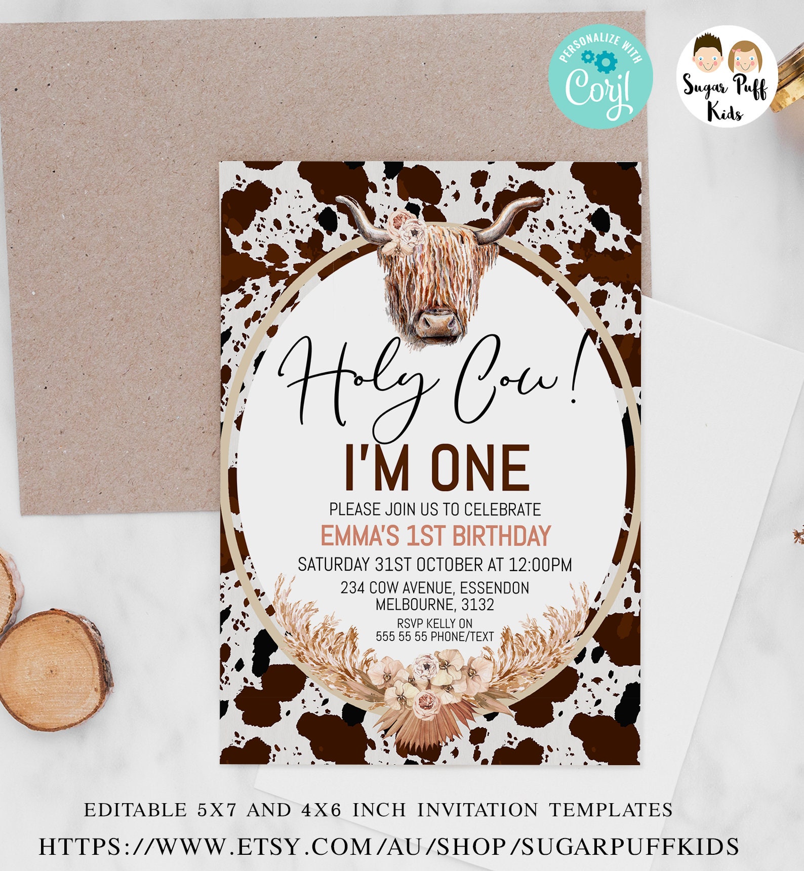 Editable Boho Pink Floral Cow Birthday Bundle Printable Girls - Etsy