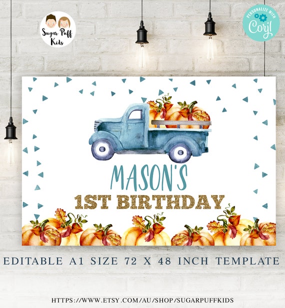 Editable Blue Pumpkin Truck backdrop, Printable PumpkinThemed Birthday ...