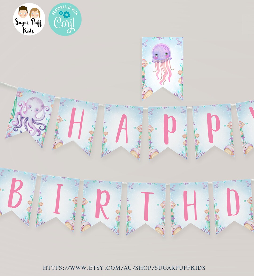 Printable Under the Sea Happy Birthday Banner, Editable Purple Octopus ...