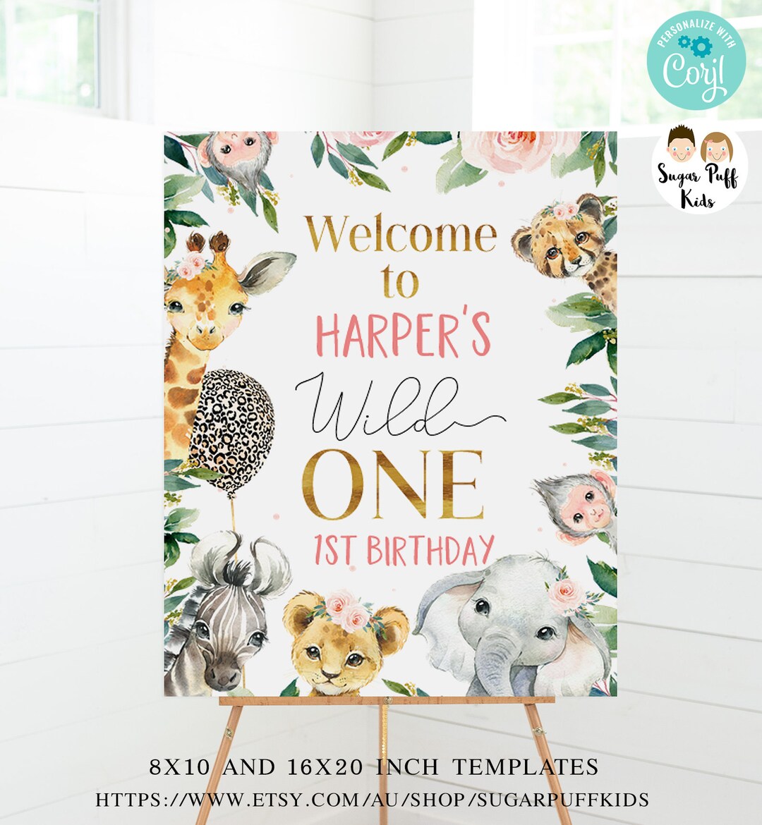 Editable Safari Birthday Welcome Sign, Instant Download Pink Floral ...