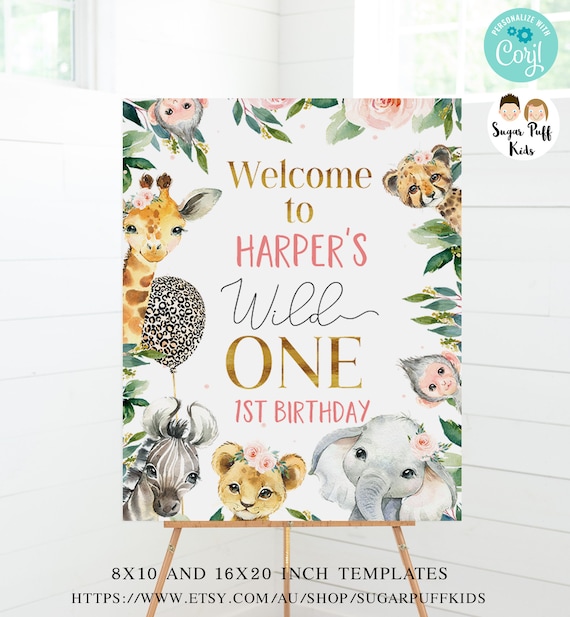 Editable Safari Birthday Welcome Sign, Instant Download Pink Floral ...