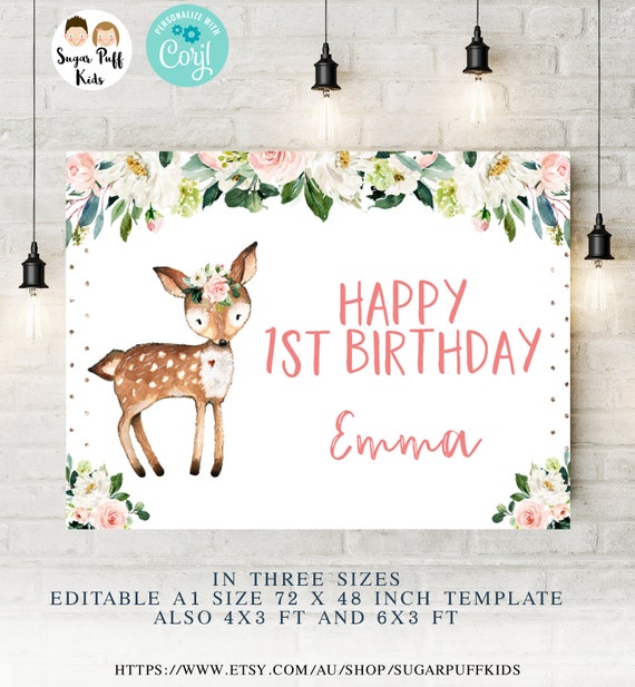 Editable Pink Floral Oh Deer Backdrop, Printable Deer Themed Happy ...