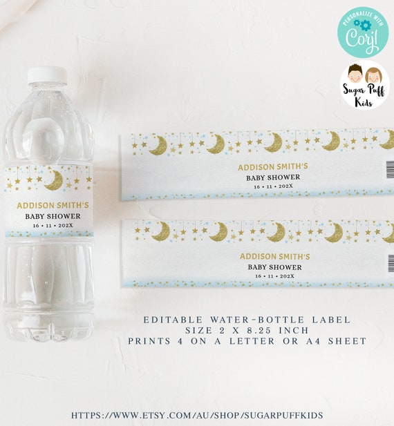 Editable moon themed baby shower water label, Printable moon stars ...