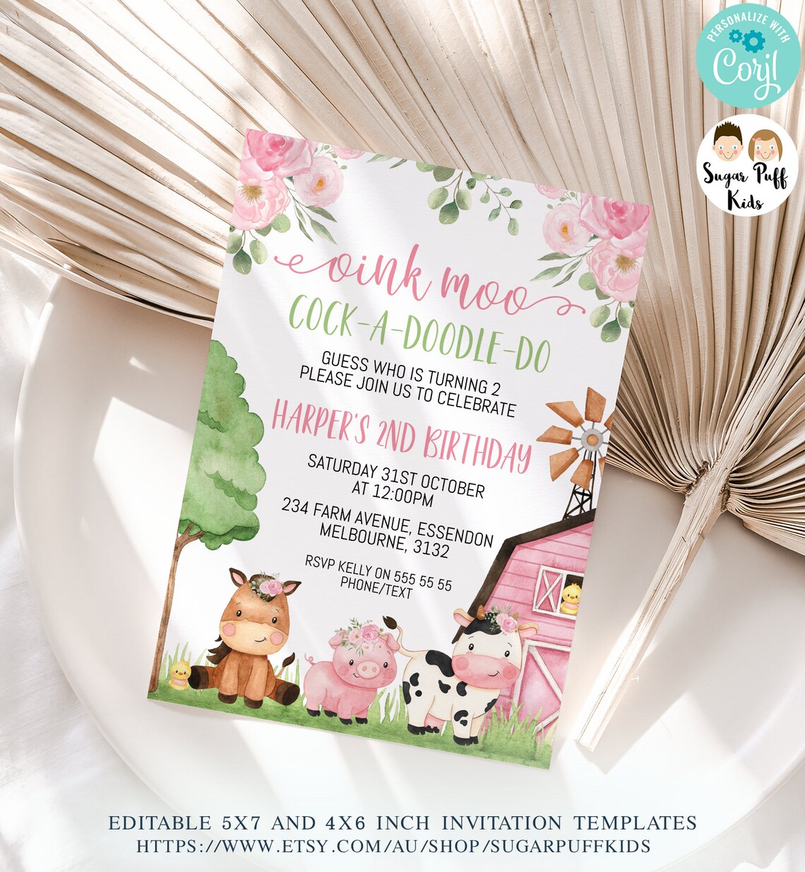 Printable Pink Floral Barn Farm Birthday Invite Girls - Etsy