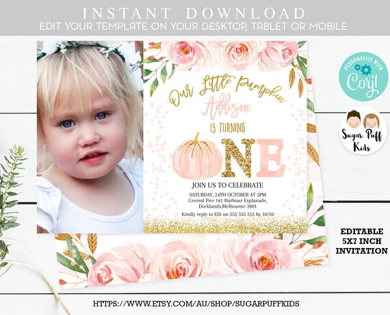 Little Pumpkin first birthday invitation, Fall Pumpkin Photo 1st ...