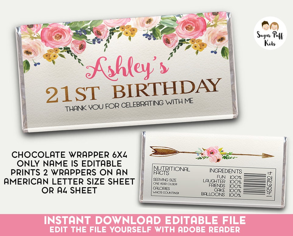 Chocolate 21st Birthday Wrapper 21st Birthday Candy Wrapper | Etsy