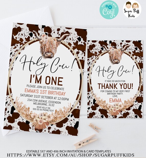 Printable Boho Pink Floral Cow Print Birthday Invite Editable - Etsy